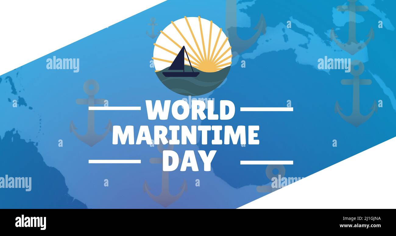 Digitally generated world maritime day text with symbol over abstract ...