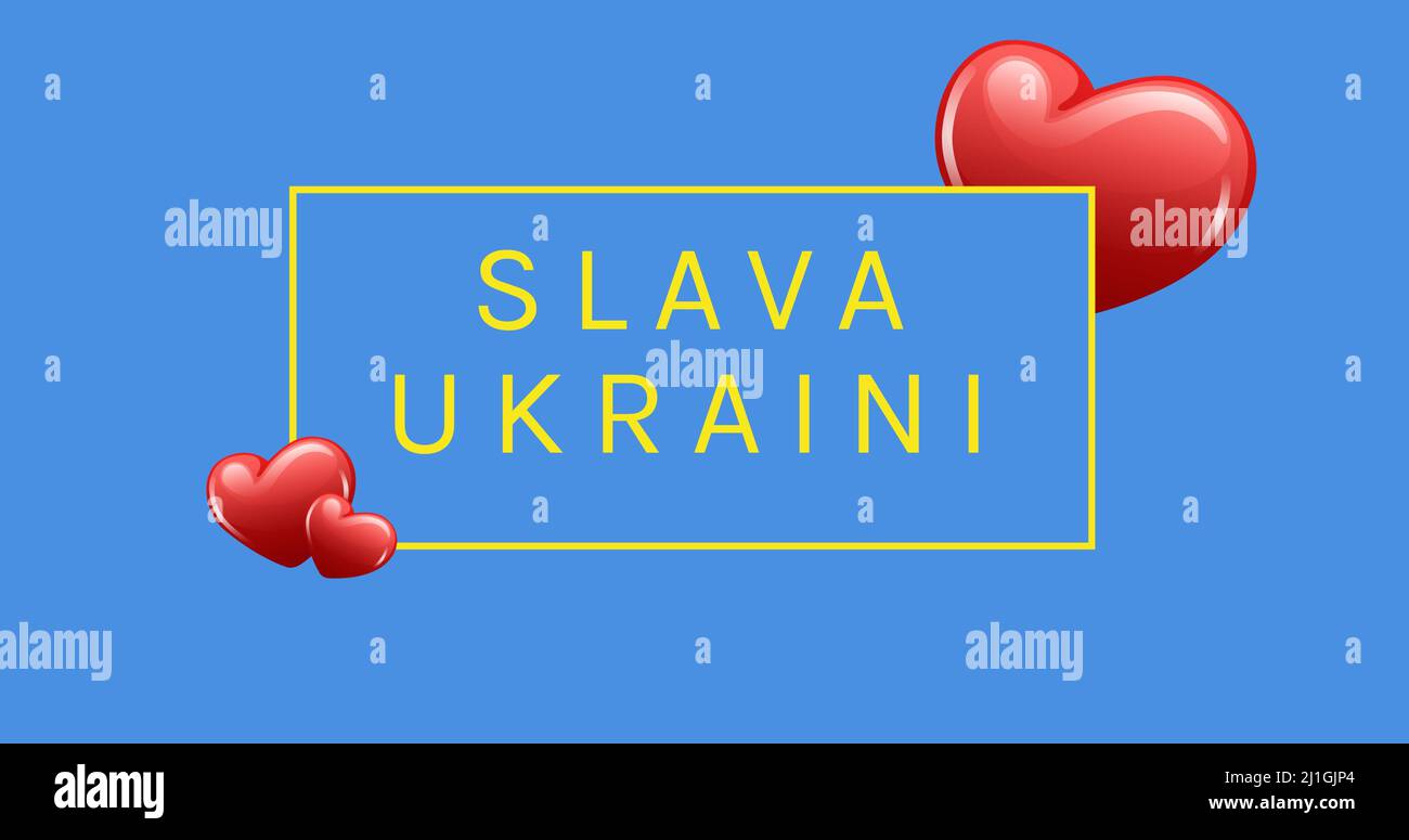Digital composite of slava ukraini text in yellow box amidst red heart ...