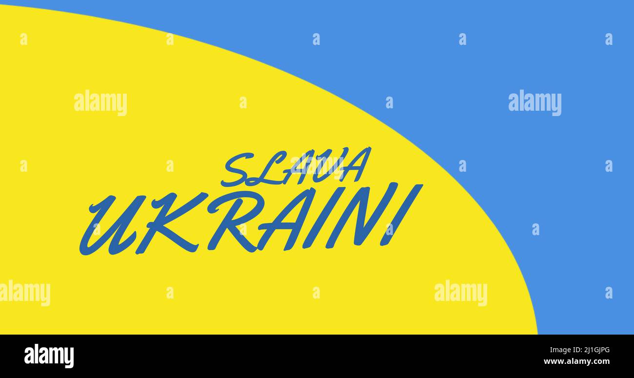 Digital composite image of slava ukraini text on blue and yellow ...