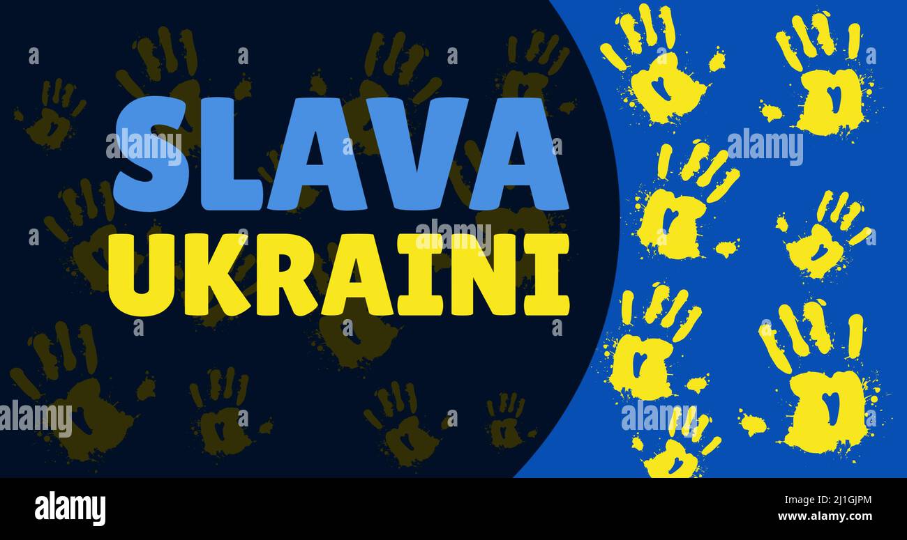 Digital composite image of slava ukraini text by yellow handprints on ...