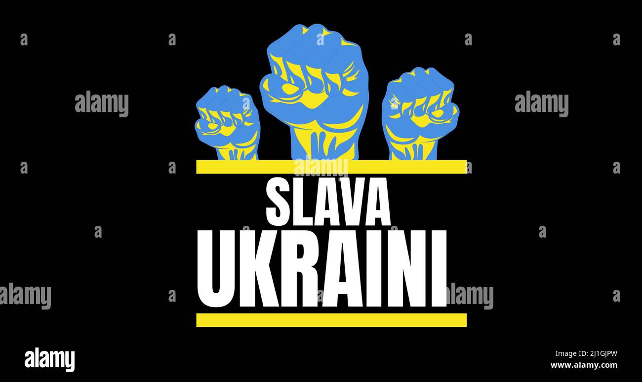 Digital composite image of hands on slava ukraini text over black ...