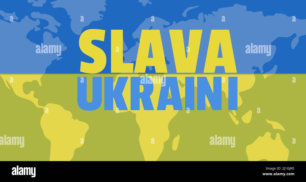 Digital composite image of slava ukraini text over world map with ...