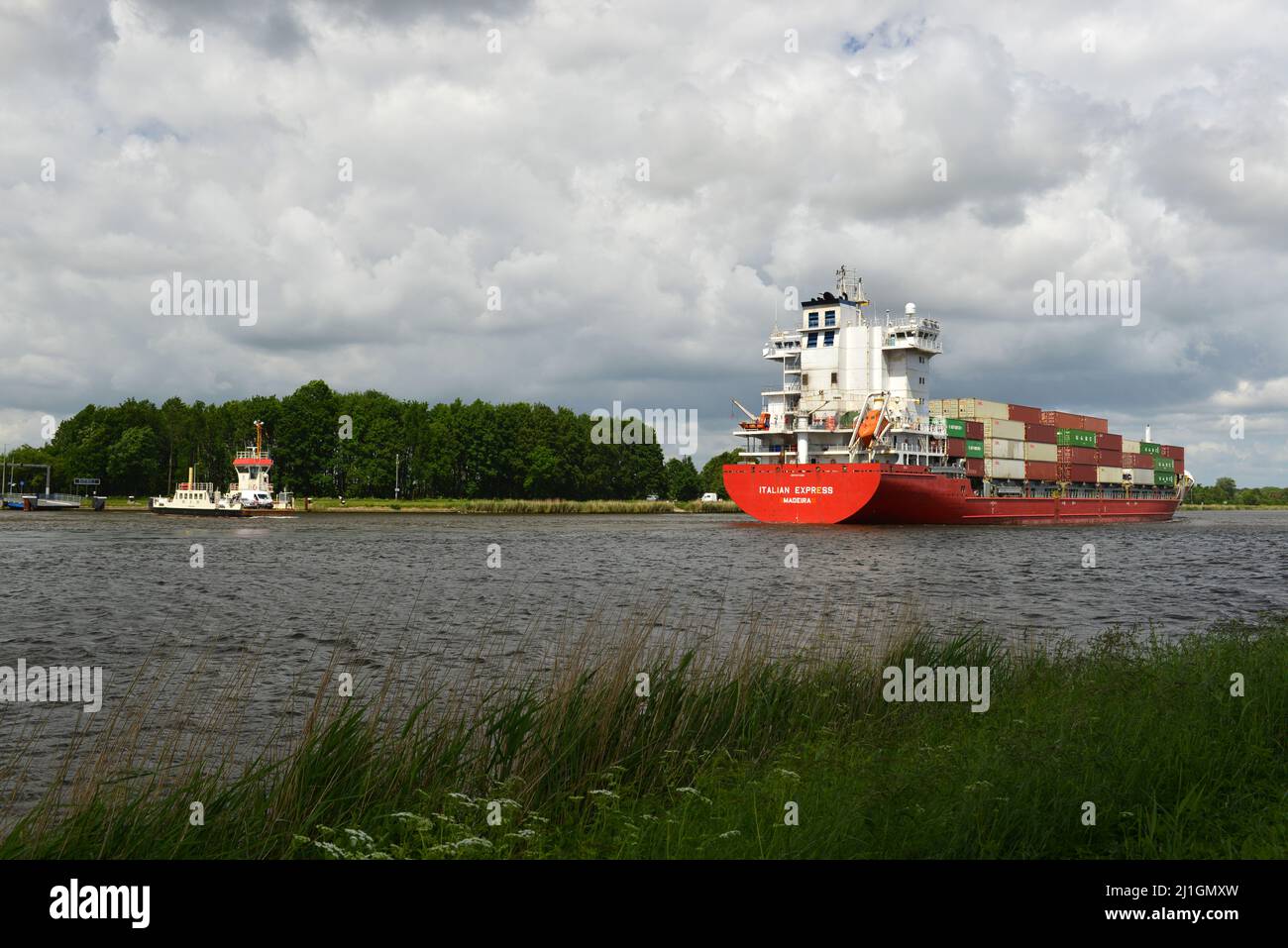 Ship And Ferry In The Kiel Canal Stock Photo - Alamy