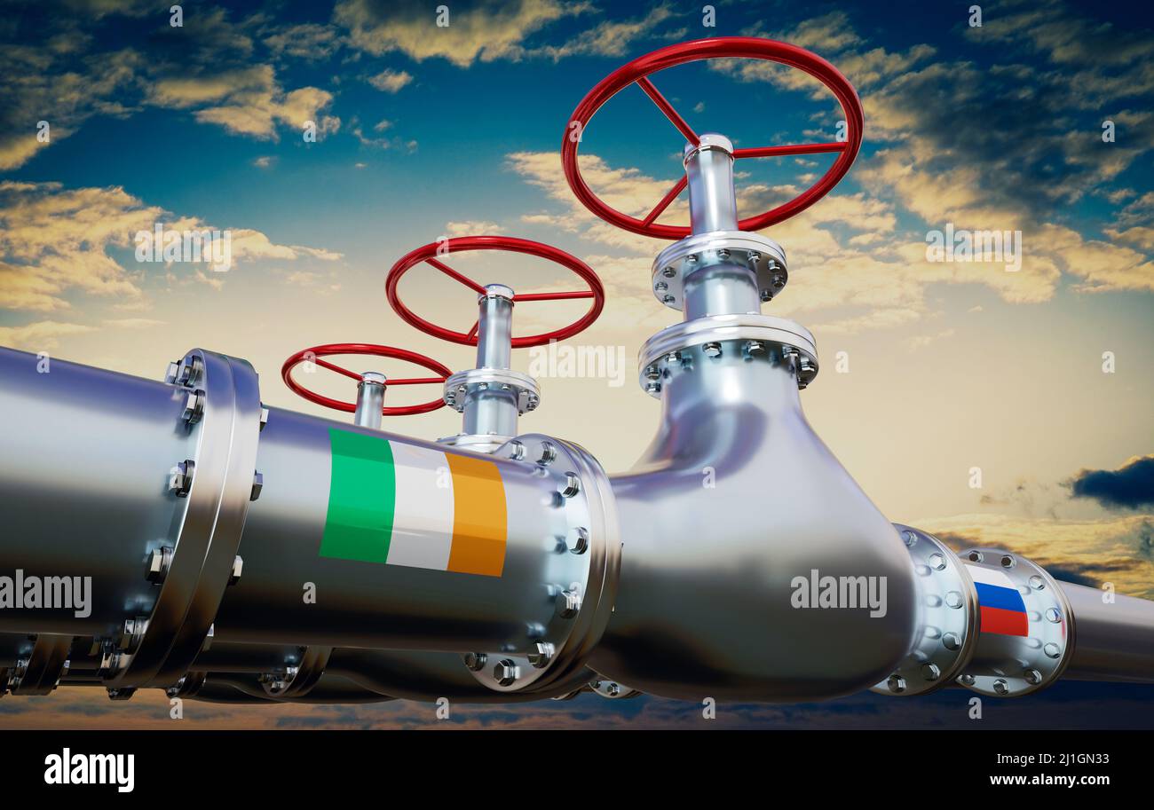 Gas pipeline, flags of Ireland and Russia - 3D illustration Stock Photo ...