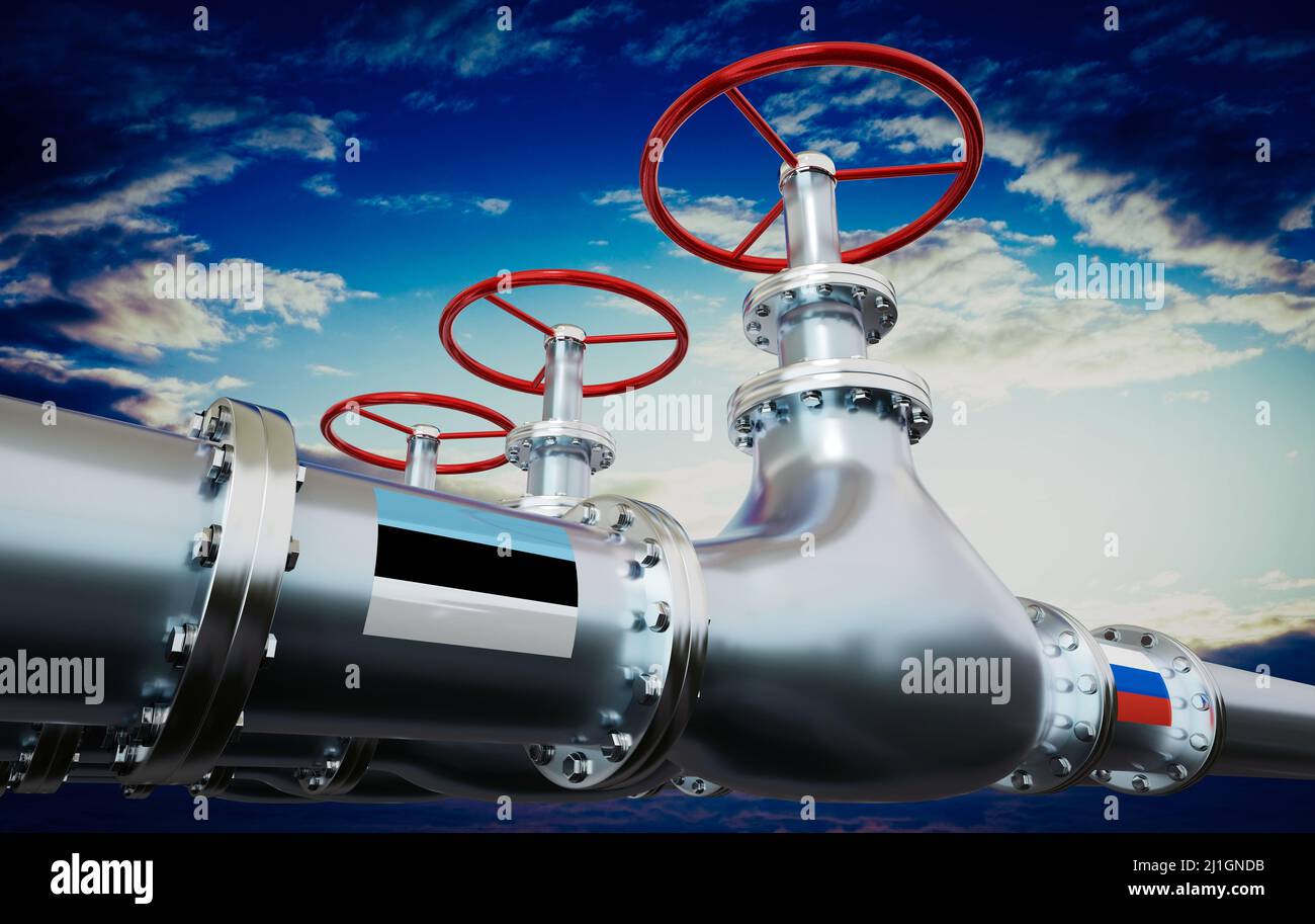 Gas pipeline, flags of Estonia and Russia - 3D illustration Stock Photo ...