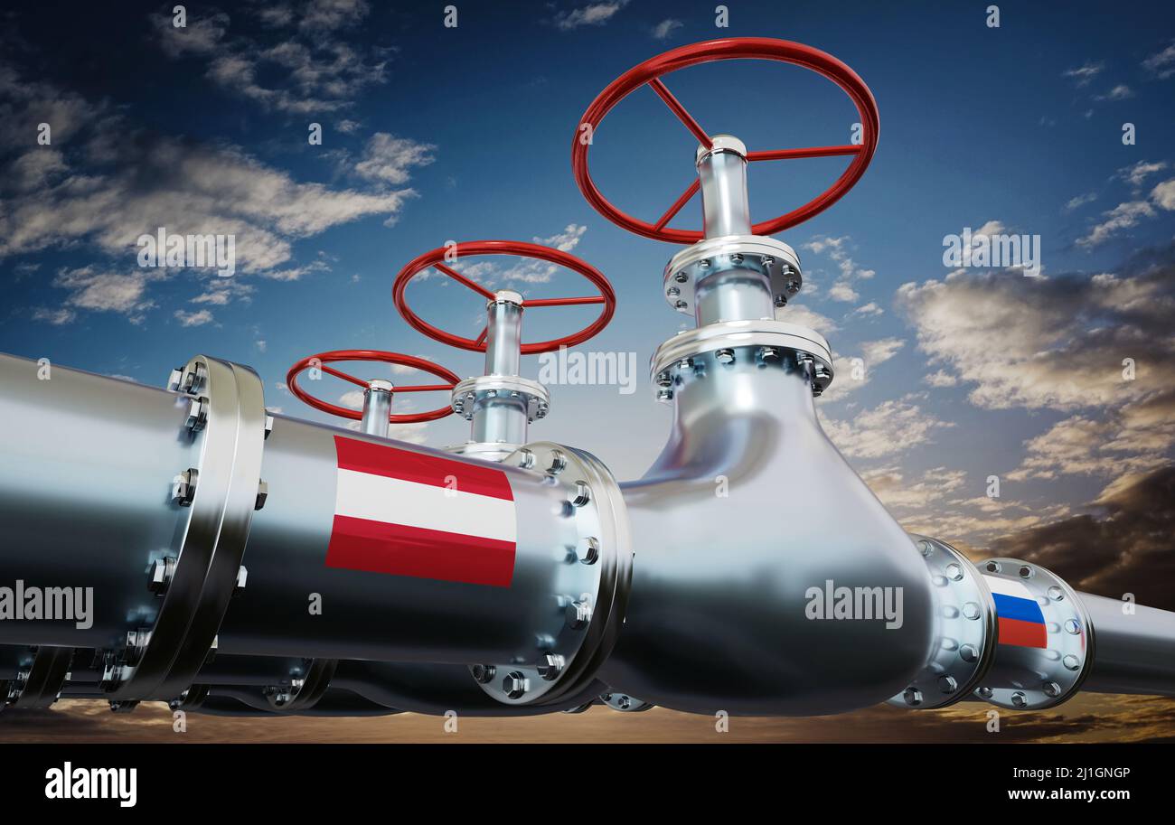 Gas pipeline, flags of Austria and Russia - 3D illustration Stock Photo ...