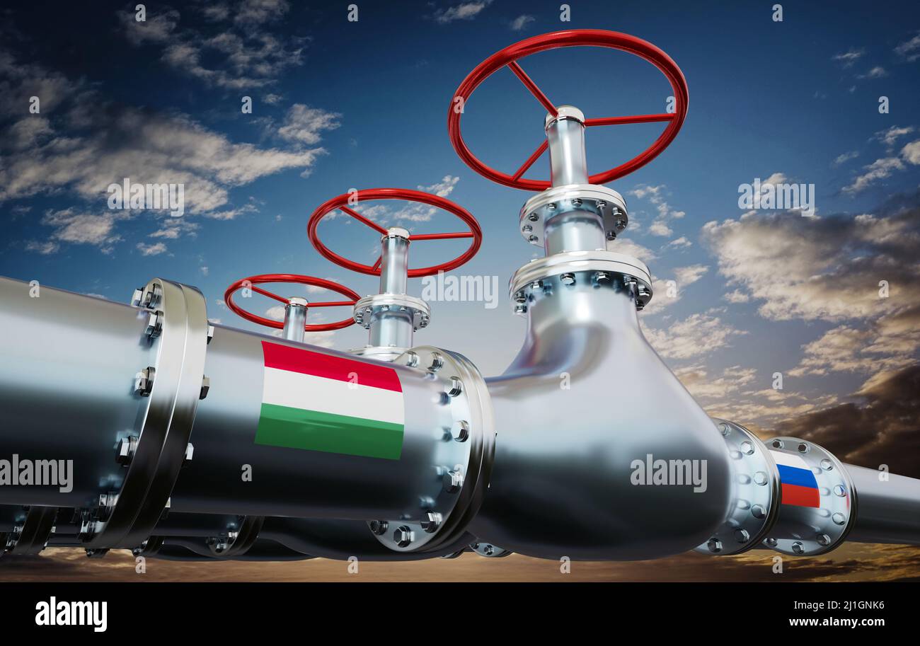 Gas pipeline, flags of Hungary and Russia - 3D illustration Stock Photo ...