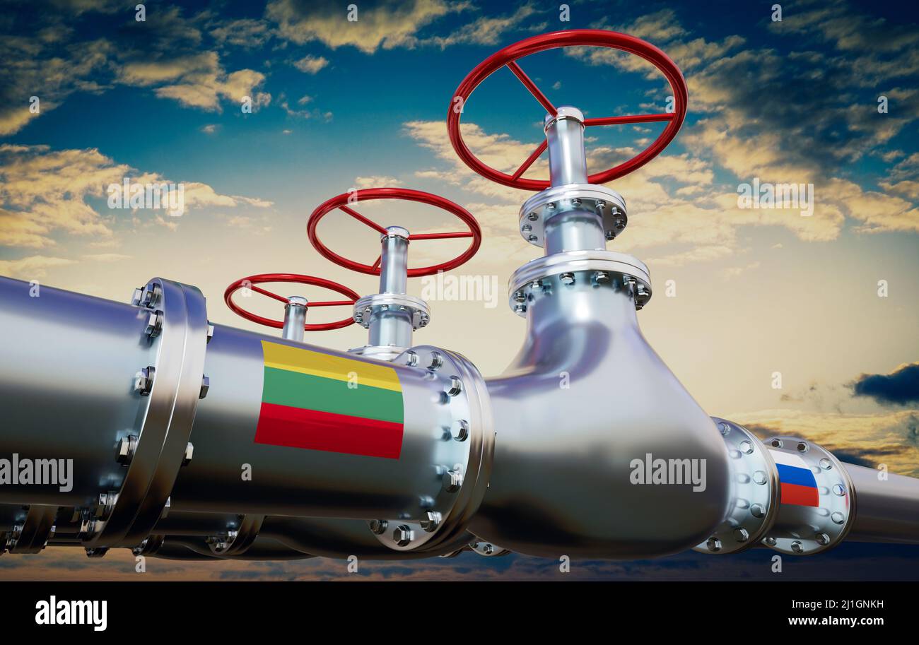 Gas pipeline, flags of Lithuania and Russia - 3D illustration Stock ...