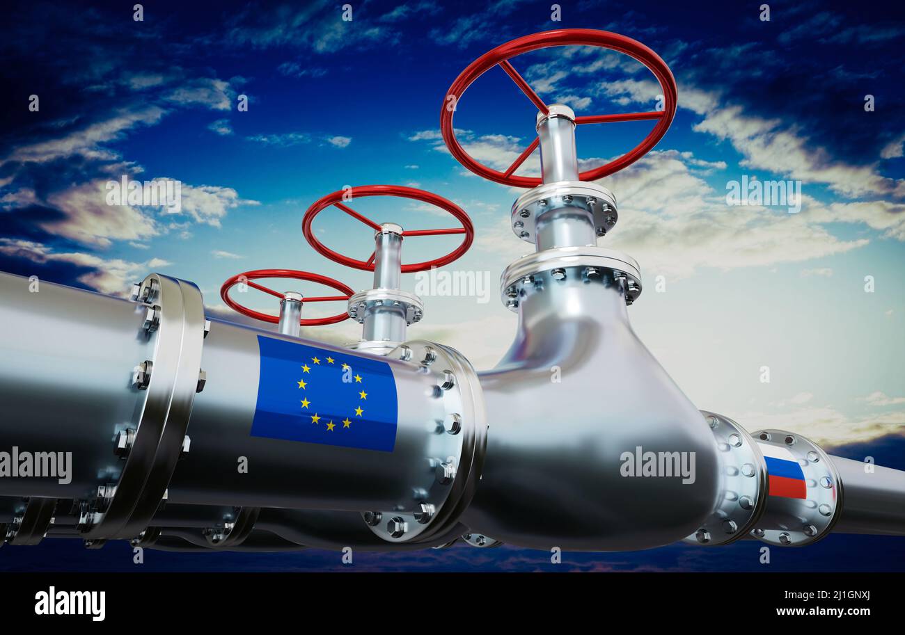 Gas pipeline, flags of European Union and Russia - 3D illustration ...