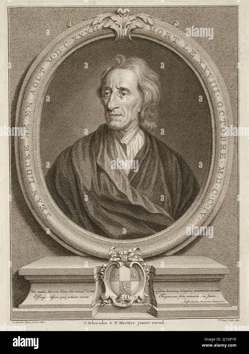 Engraving portrait of John Locke. By Pieter Tanjé (1706-1760). 18th-century John Locke FRS (1632 ...