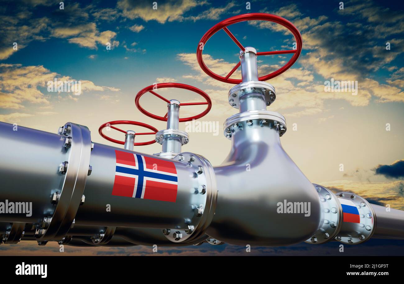 Gas pipeline, flags of Norway and Russia - 3D illustration Stock Photo ...