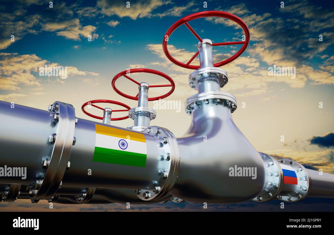 Gas pipeline, flags of India and Russia - 3D illustration Stock Photo ...