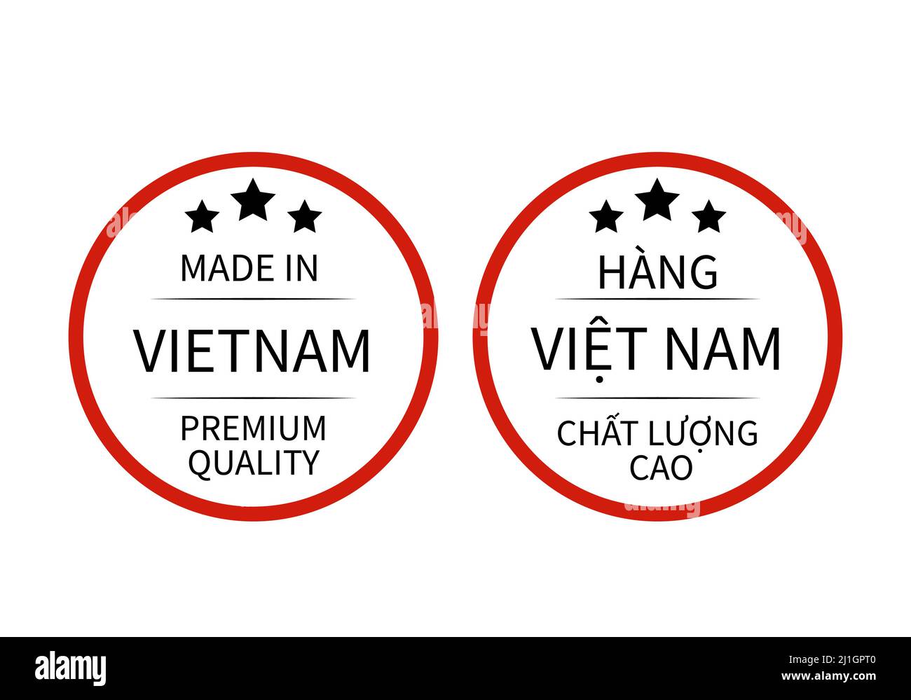 Made in Vietnam round labels in English and in Vietnamese languages ...