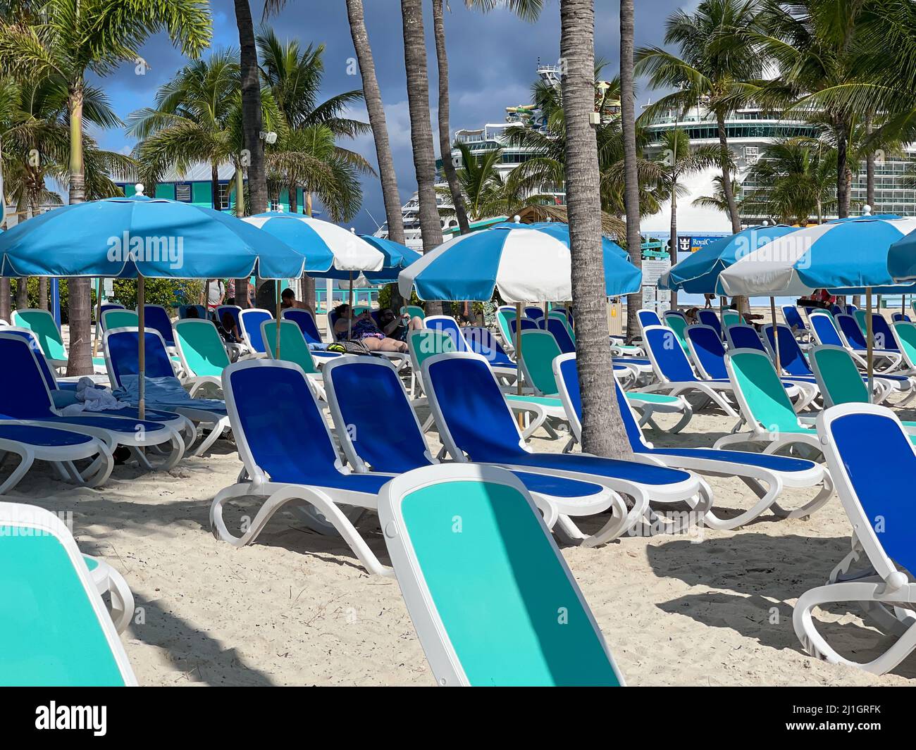 Bahamas - September 16, 2021: Lounge chairs on the beach on Coco Cay in ...