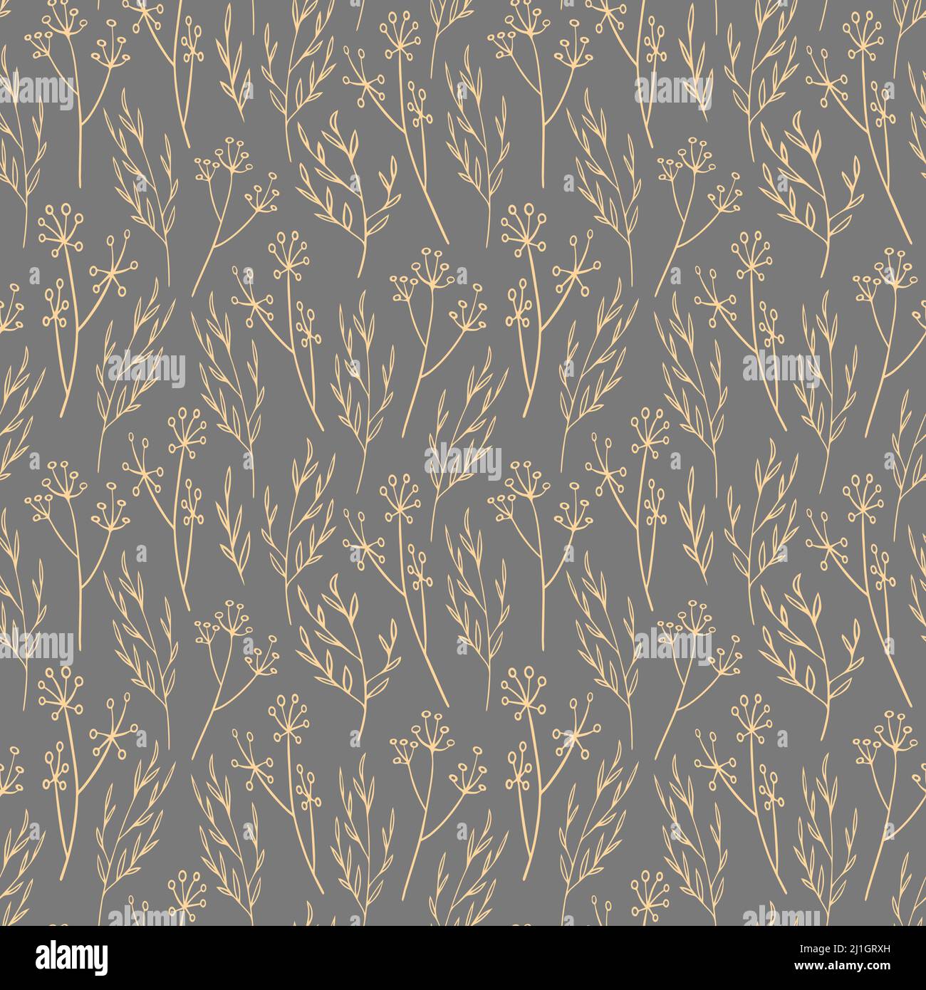 Floral seamless pattern. Hand drawn weed grass on gray background ...