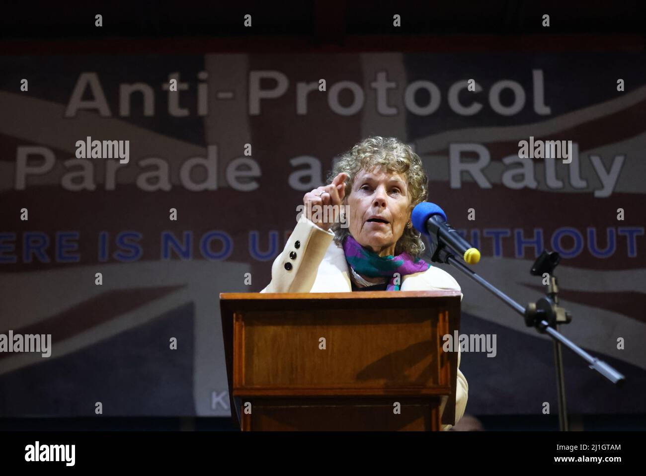 Kate Hoey speaks during a anti Northern Ireland Protocol rally and ...