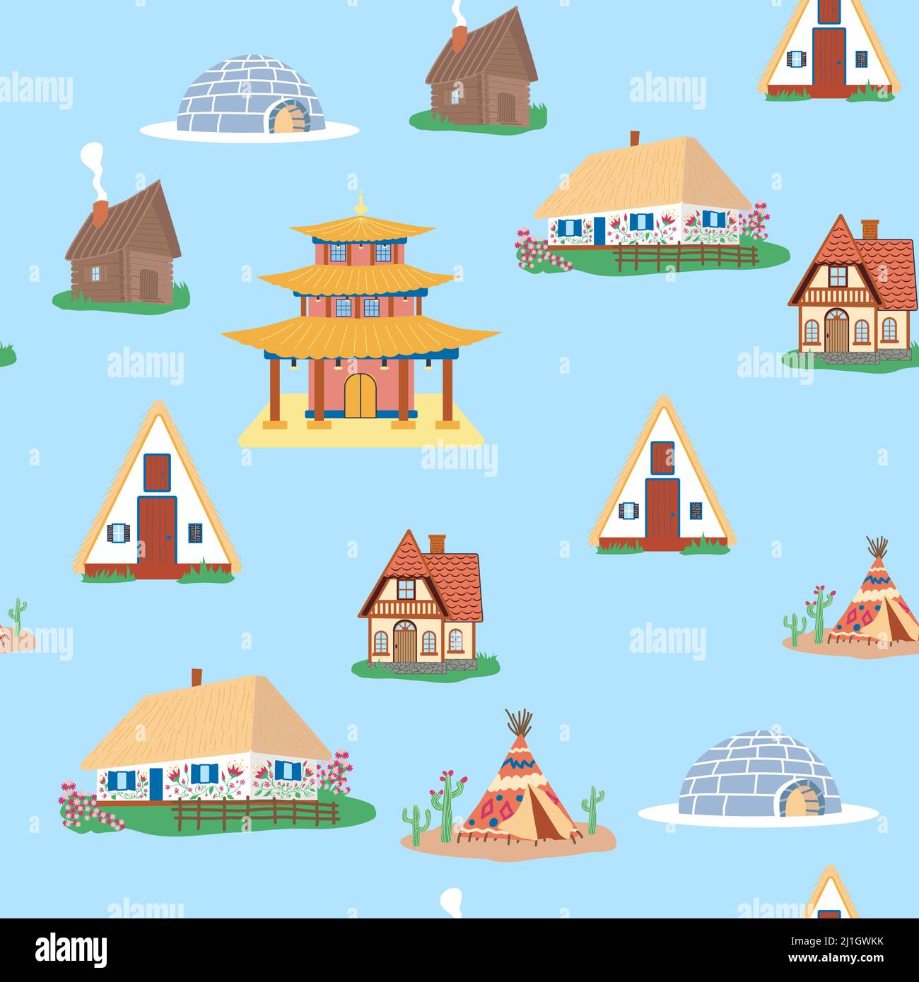 Seamless pattern with Traditional buildings of different countries set ...