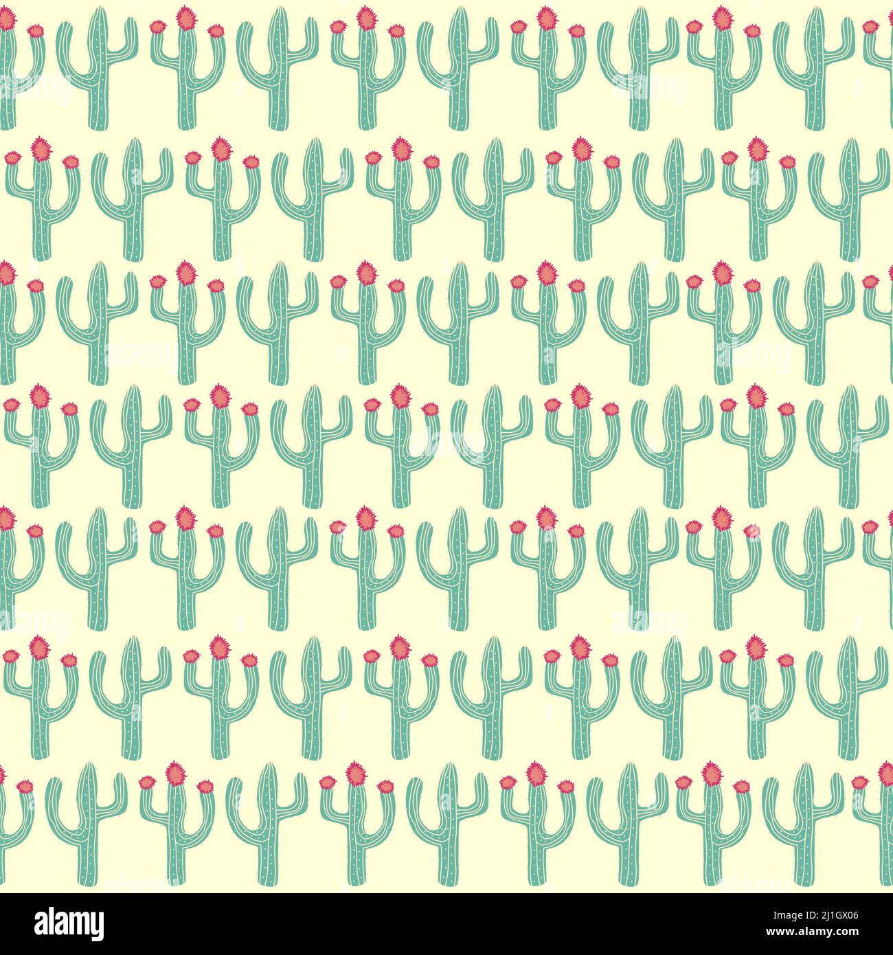 seamless pattern with different cactus. Bright repeated texture with green cacti. Natural hand ...