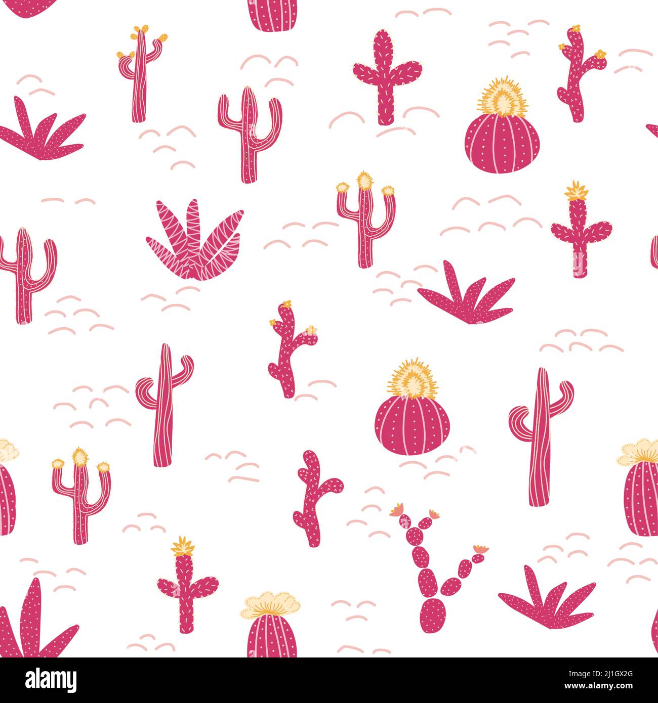 Seamless patterns with different cacti. Bright repeating texture with pink cacti. Background ...