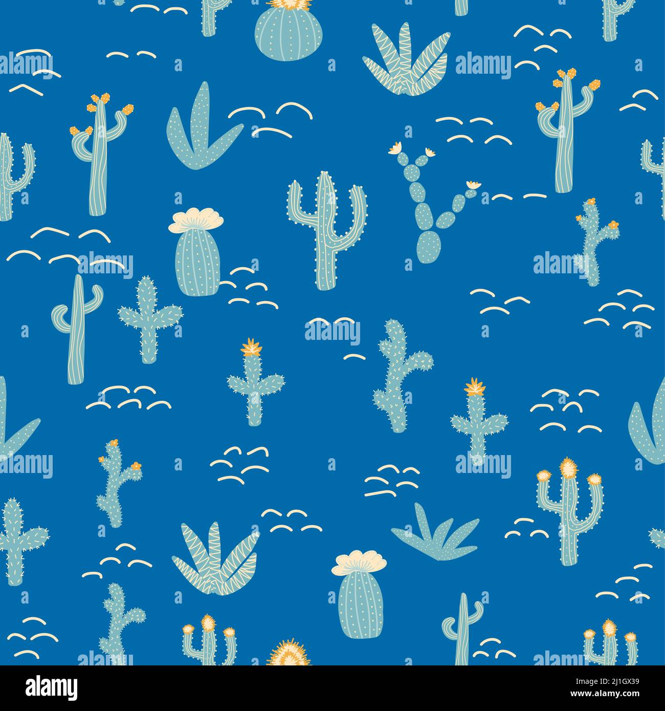 seamless pattern with different cactus. Bright repeated texture with green cacti. Natural hand ...