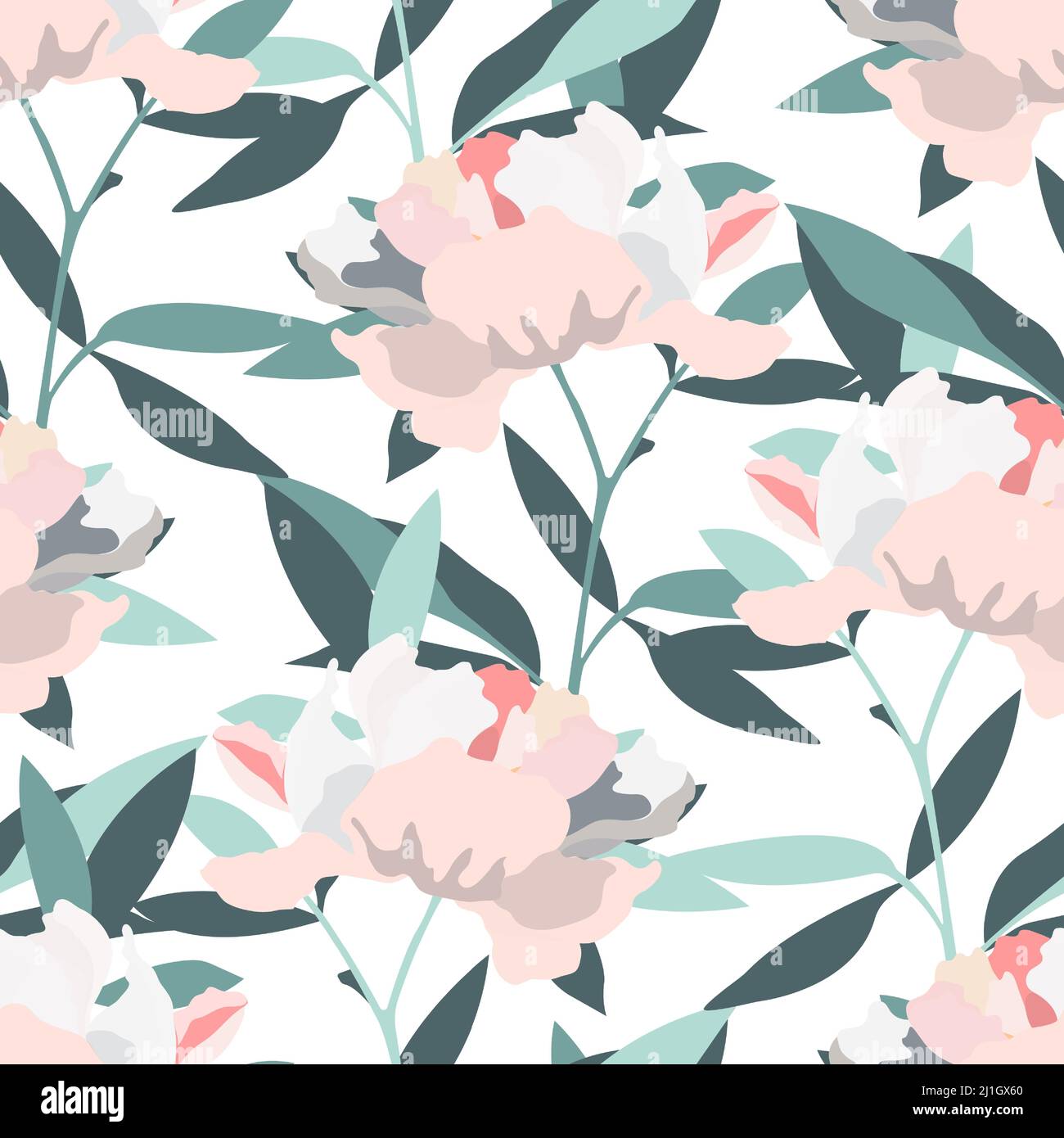 Vector floral seamless pattern. Pale pink peonies, green foliage on a ...