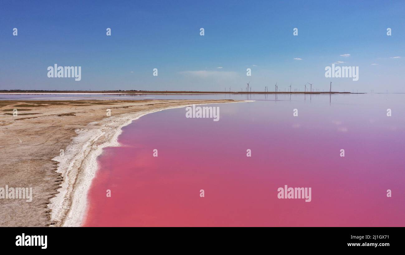 Aerial view of White salt on the shores of the island in Pink Island ...