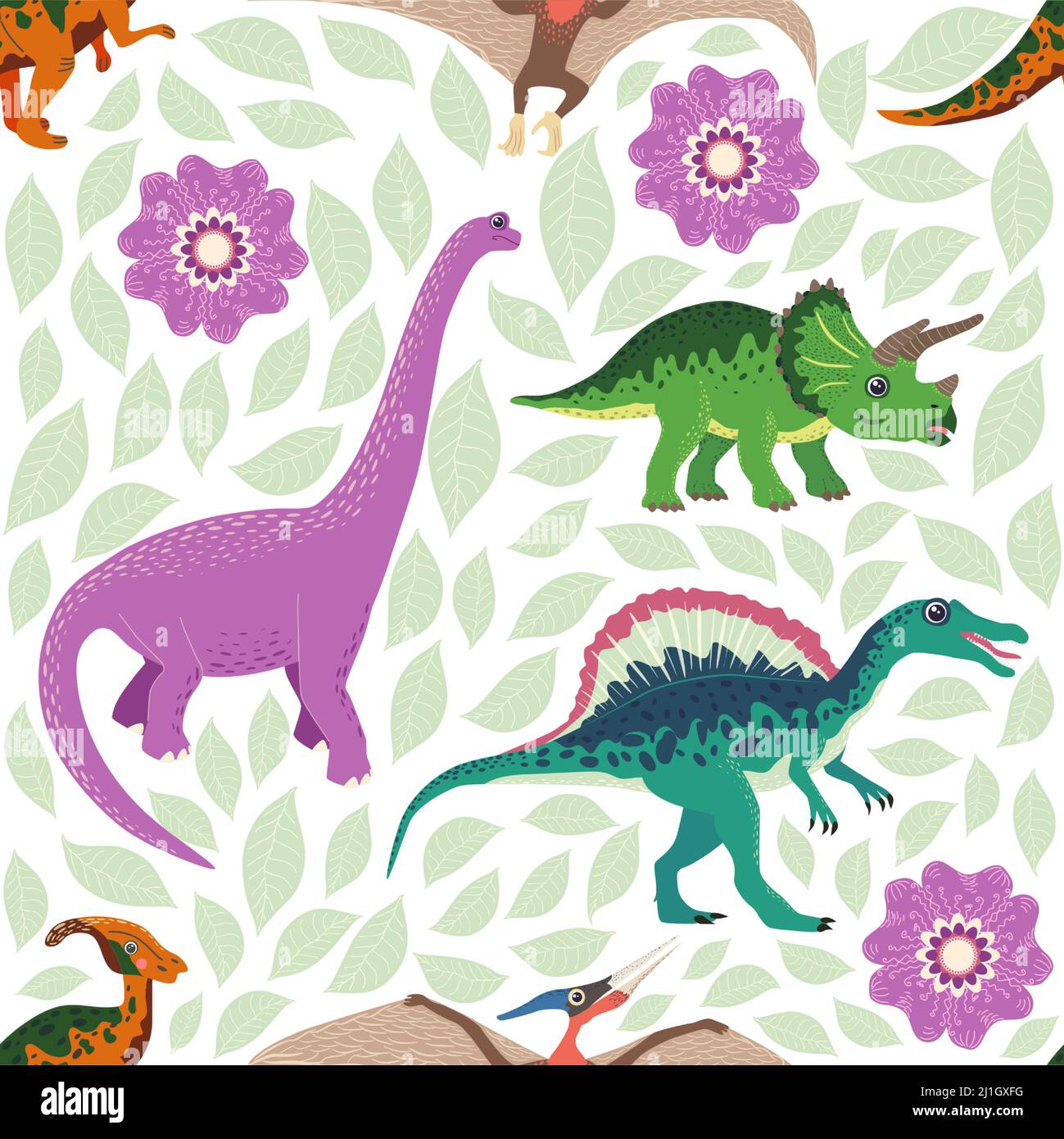 Hand drawn seamless pattern with dinosaurs and tropical leaves and ...