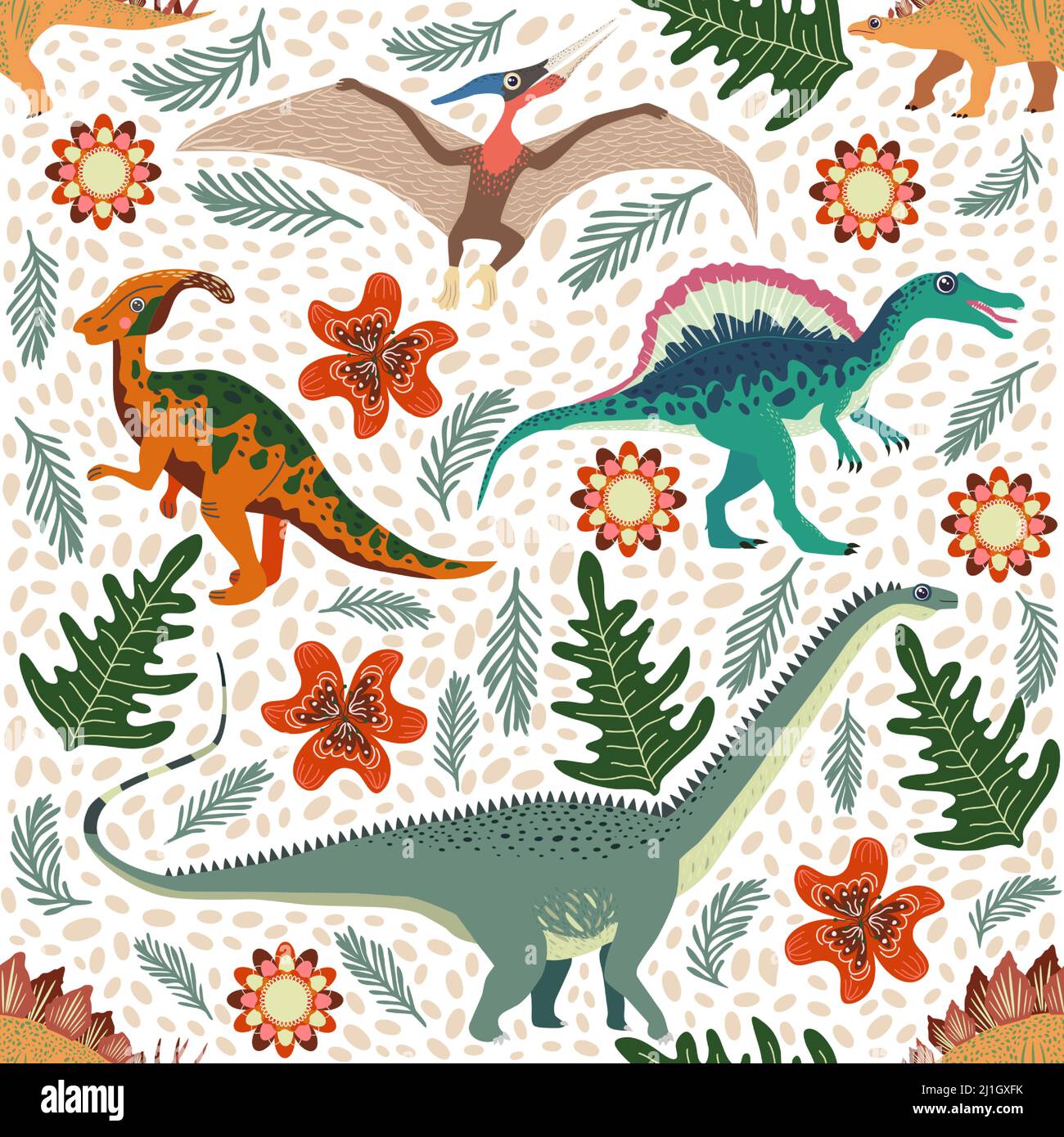 Hand drawn seamless pattern with dinosaurs and tropical leaves and ...