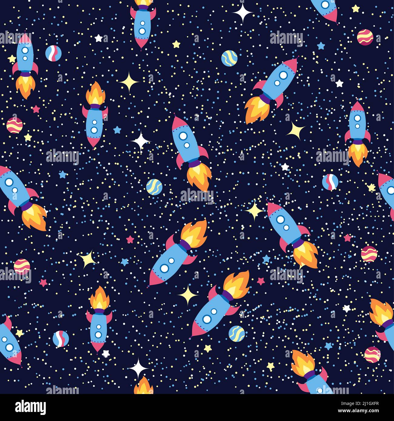 Seamless space pattern. Planets, rockets and stars. Cartoon spaceship. Childish background. Hand ...