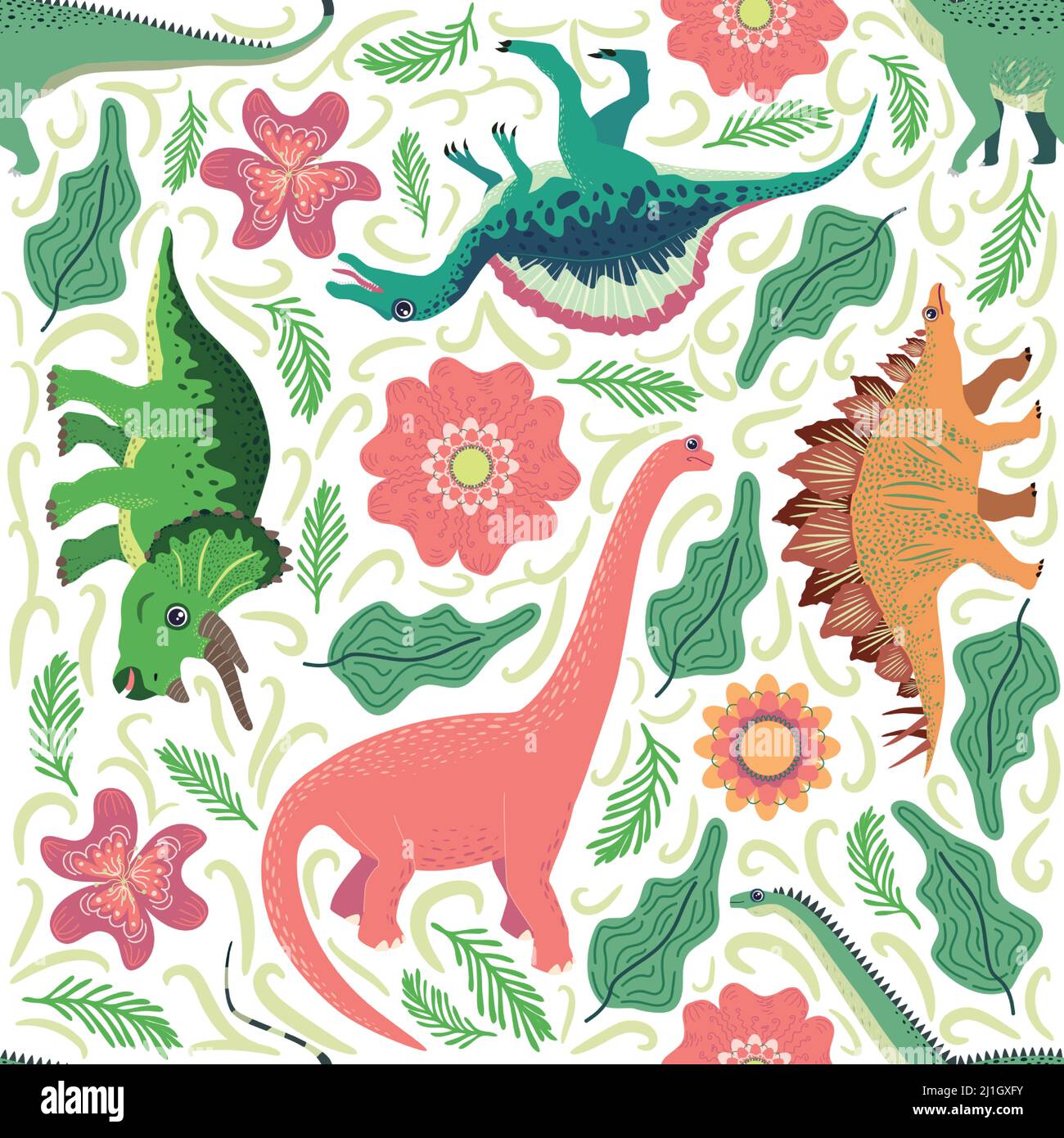 Hand drawn seamless pattern with dinosaurs and tropical leaves and ...