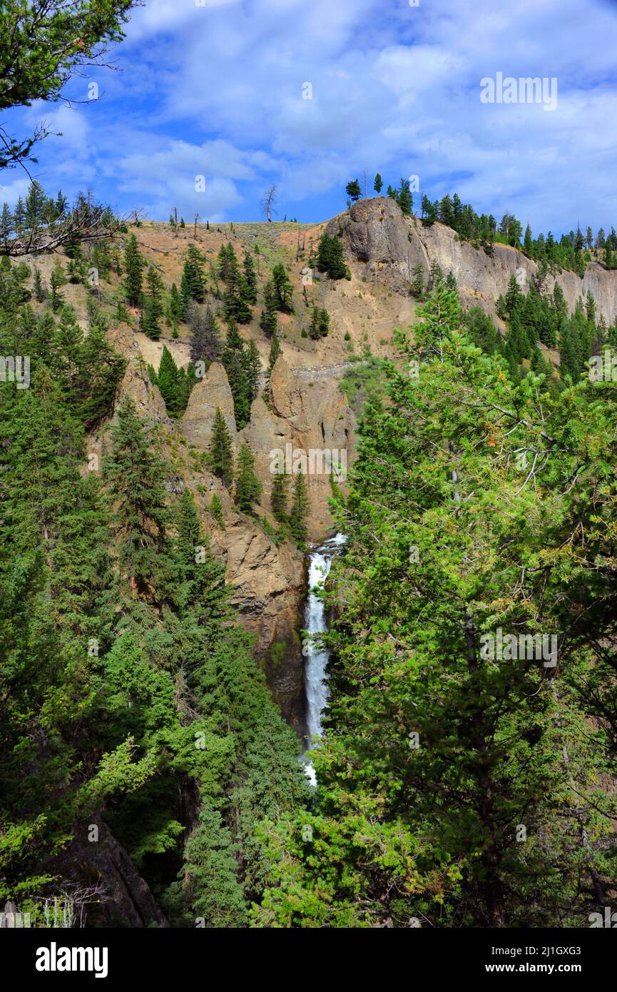 Scenic view of Tower Falls in Yellowstone National Park. Water cascades ...