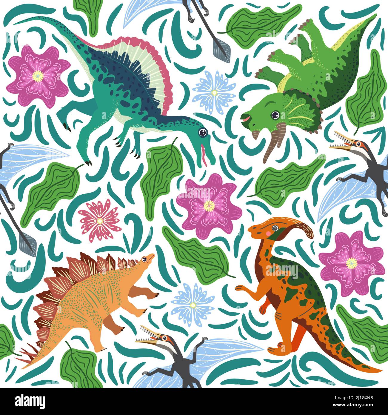 Hand drawn seamless pattern with dinosaurs and tropical leaves and ...