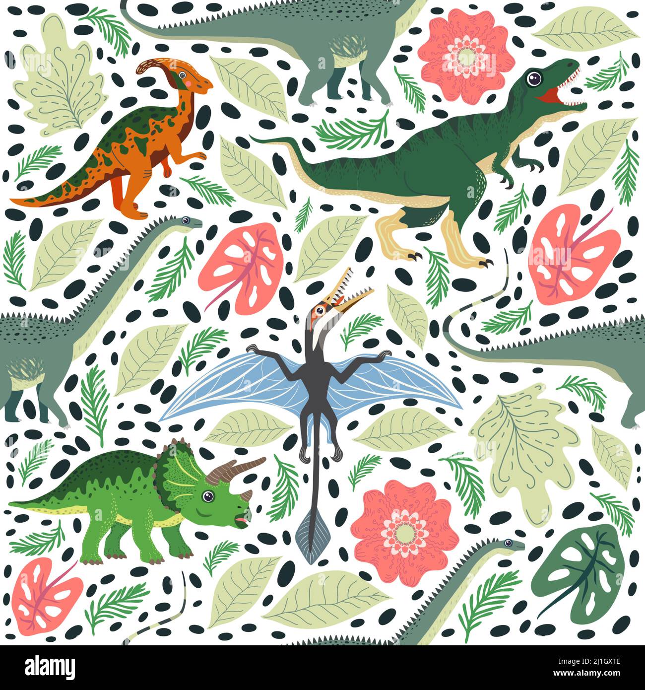 Hand drawn seamless pattern with dinosaurs and tropical leaves and ...