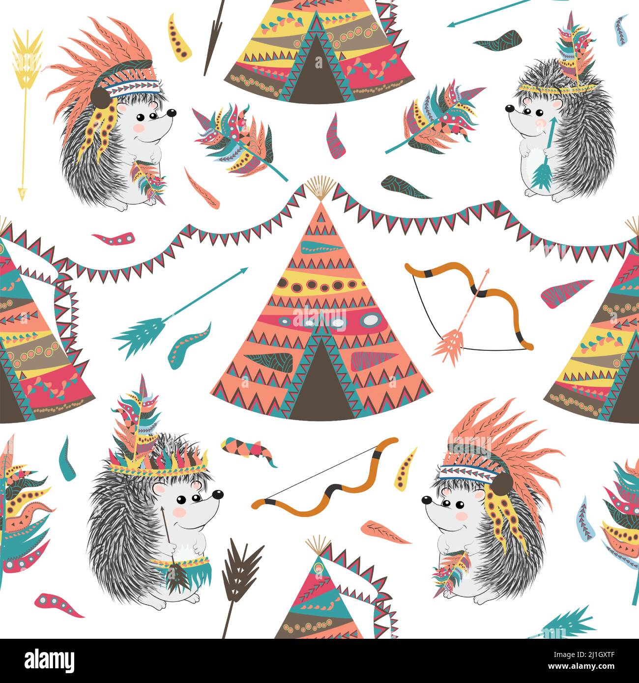 Seamless pattern with a cheerful hedgehog - indian. Tribal teepee tens ...