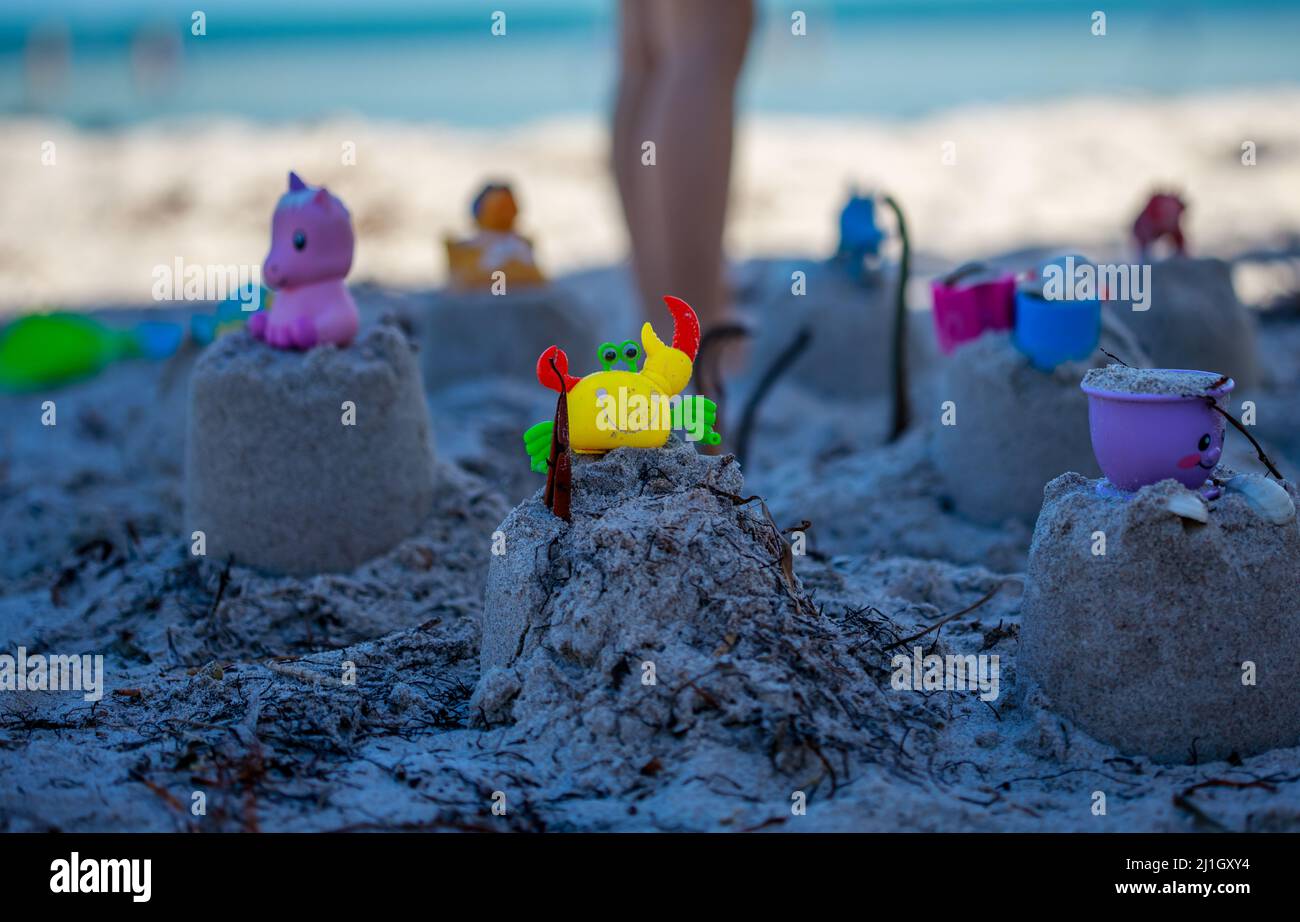 The sand castles with toys on the beach of Crandon Park, Miami Stock ...