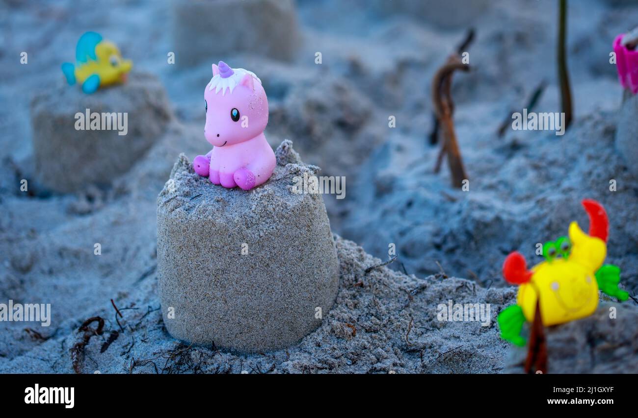 The sand castles with toys on the beach of Crandon Park, Miami Stock ...