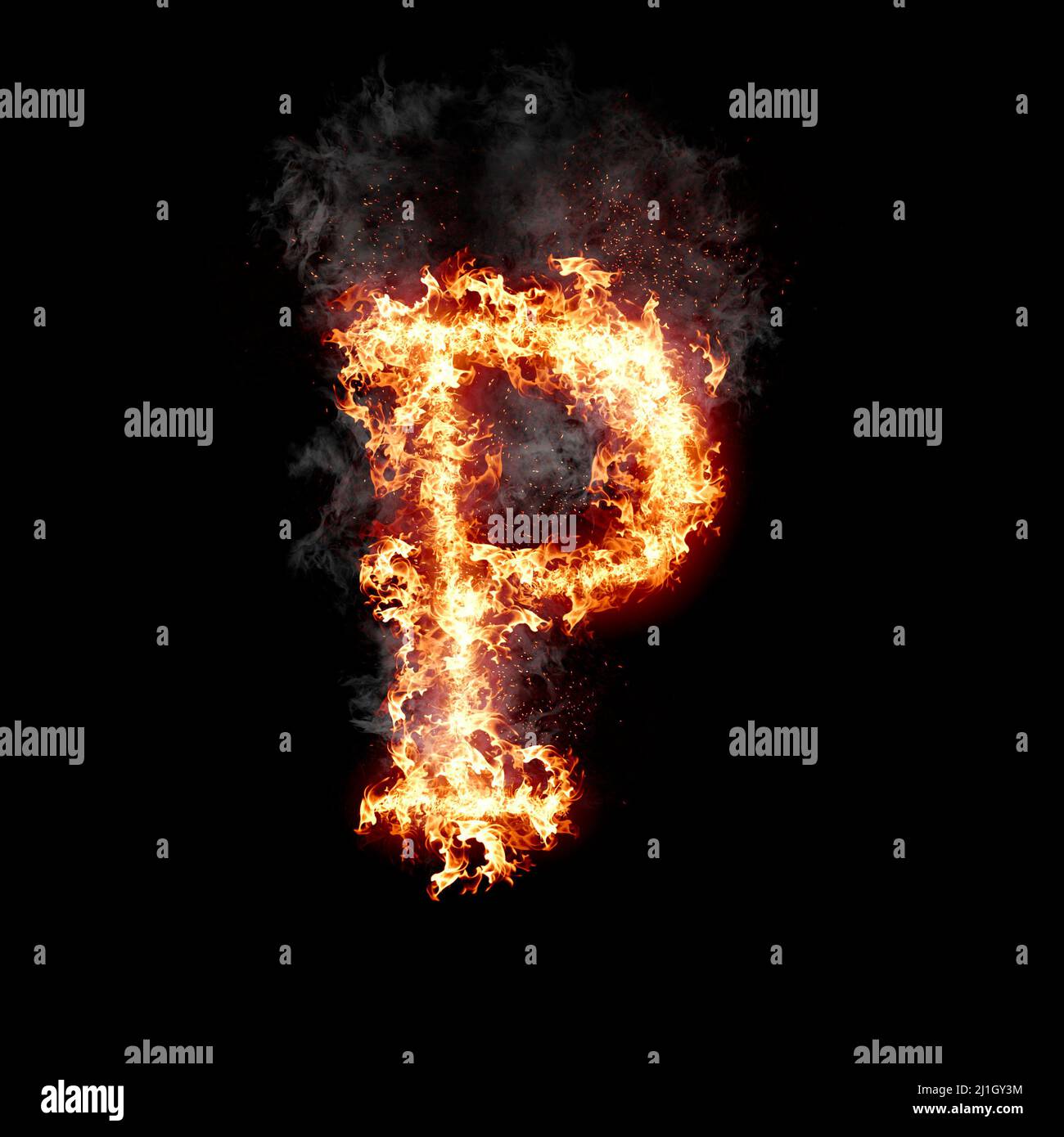 Letter P burning in fire with smoke, digital art isolated on black ...