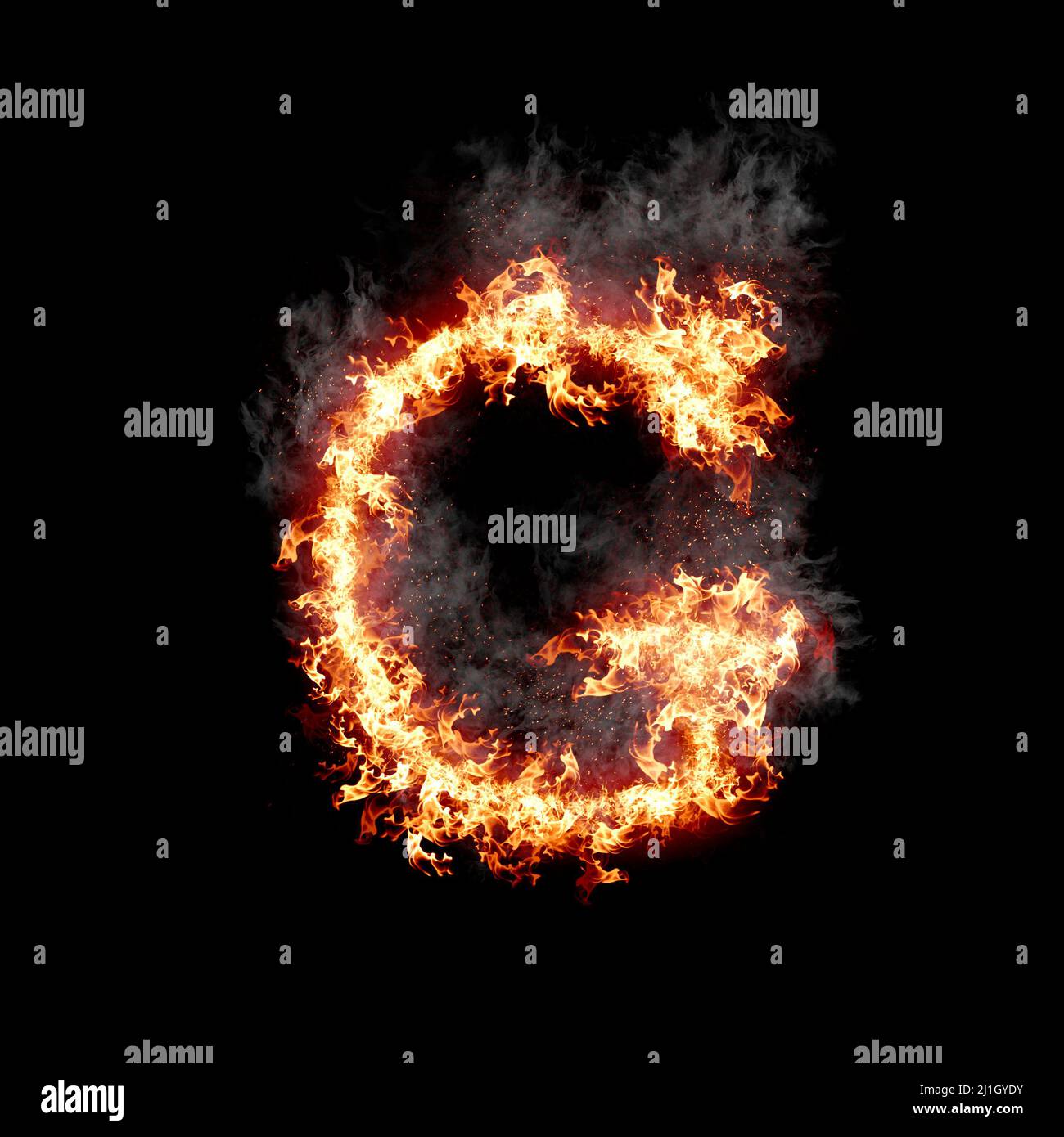 Letter G burning in fire with smoke, digital art isolated on black ...