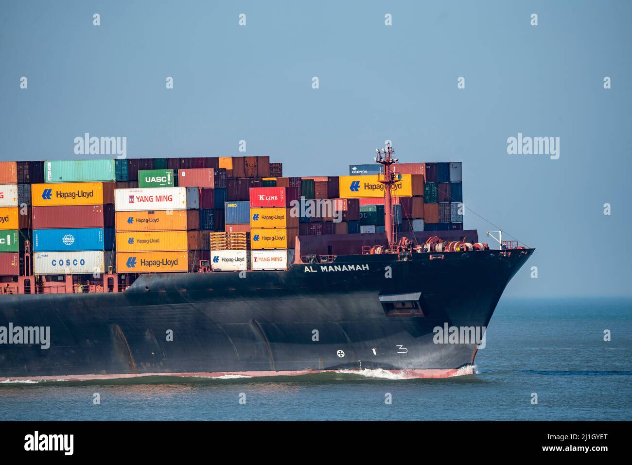 Container cargo ship Al Manamah, owned by Hapag-Lloyd, in the harbor ...