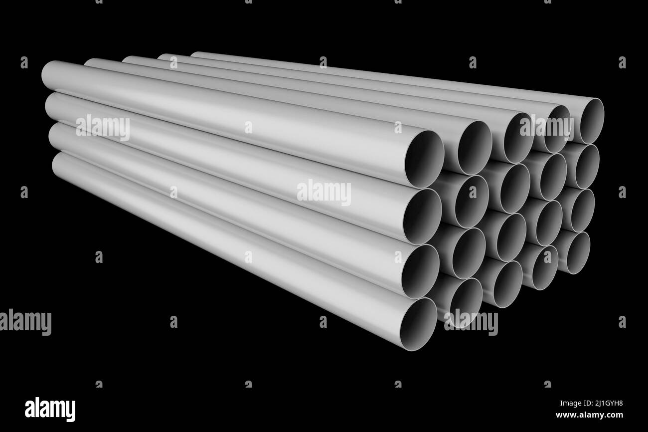 A 3D illustration of stacked PVC pipes isolated on black background ...