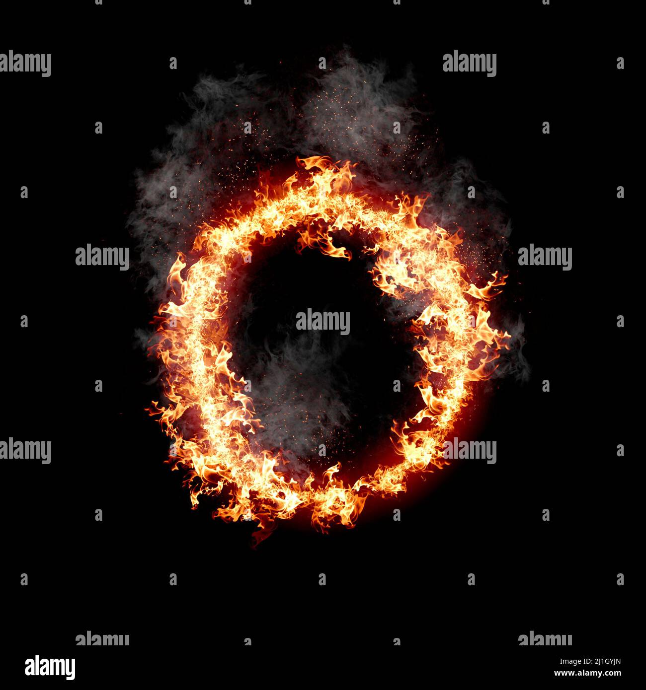 Letter O burning in fire with smoke, digital art isolated on black ...