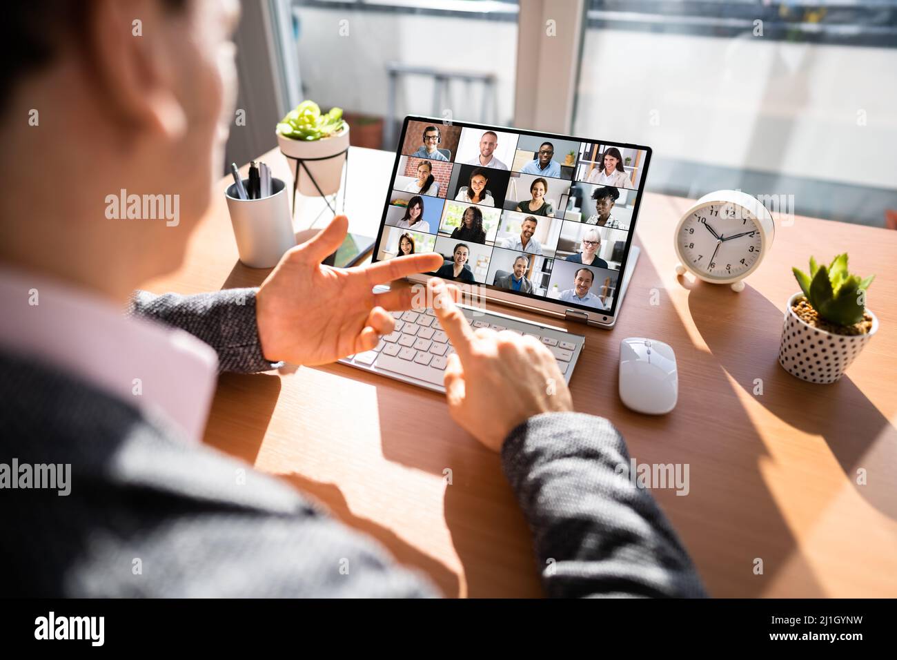 Watching Online Hybrid Presentation Webinar And Elearning Meeting Stock ...