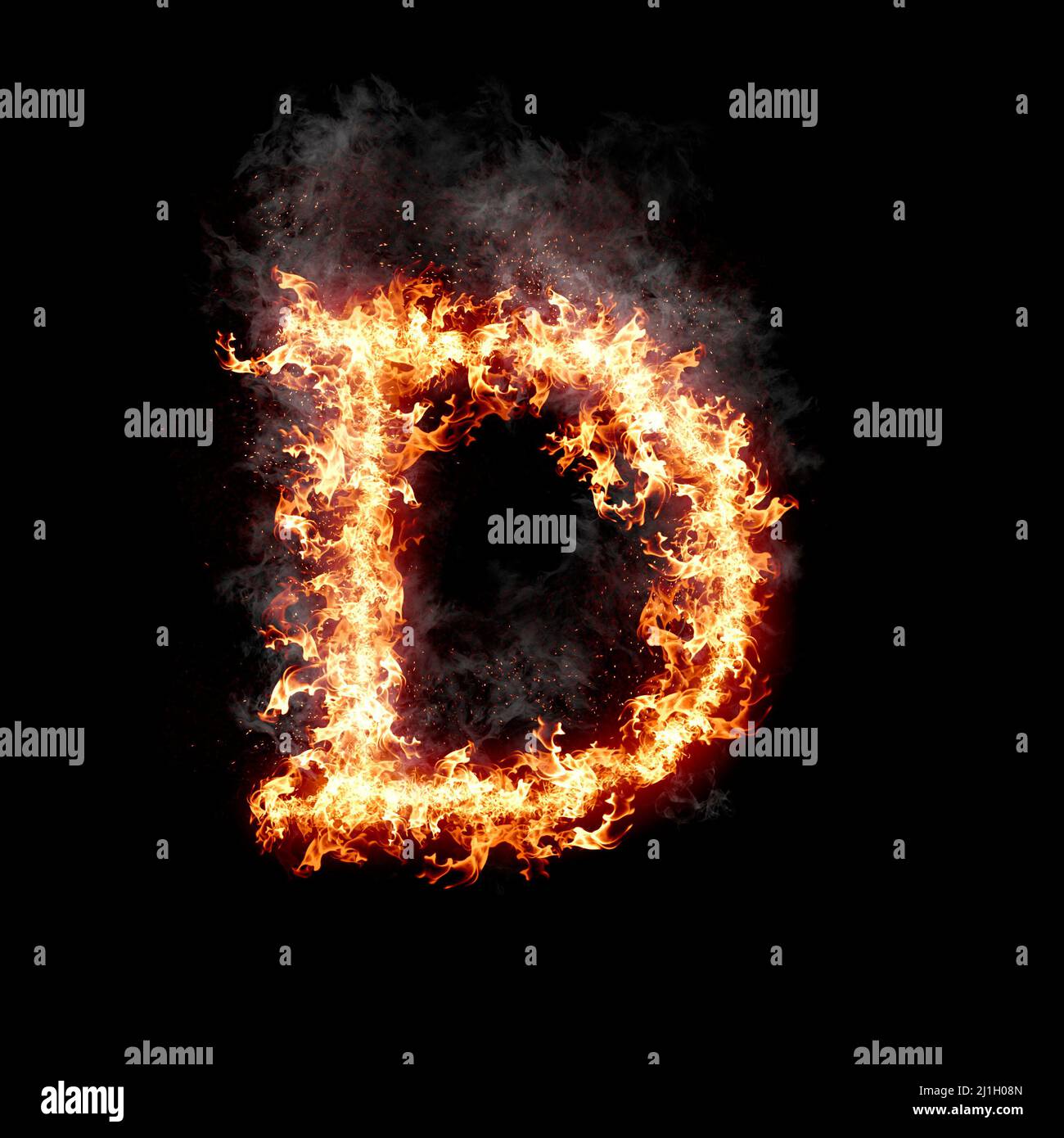 Letter D burning in fire with smoke, digital art isolated on black ...