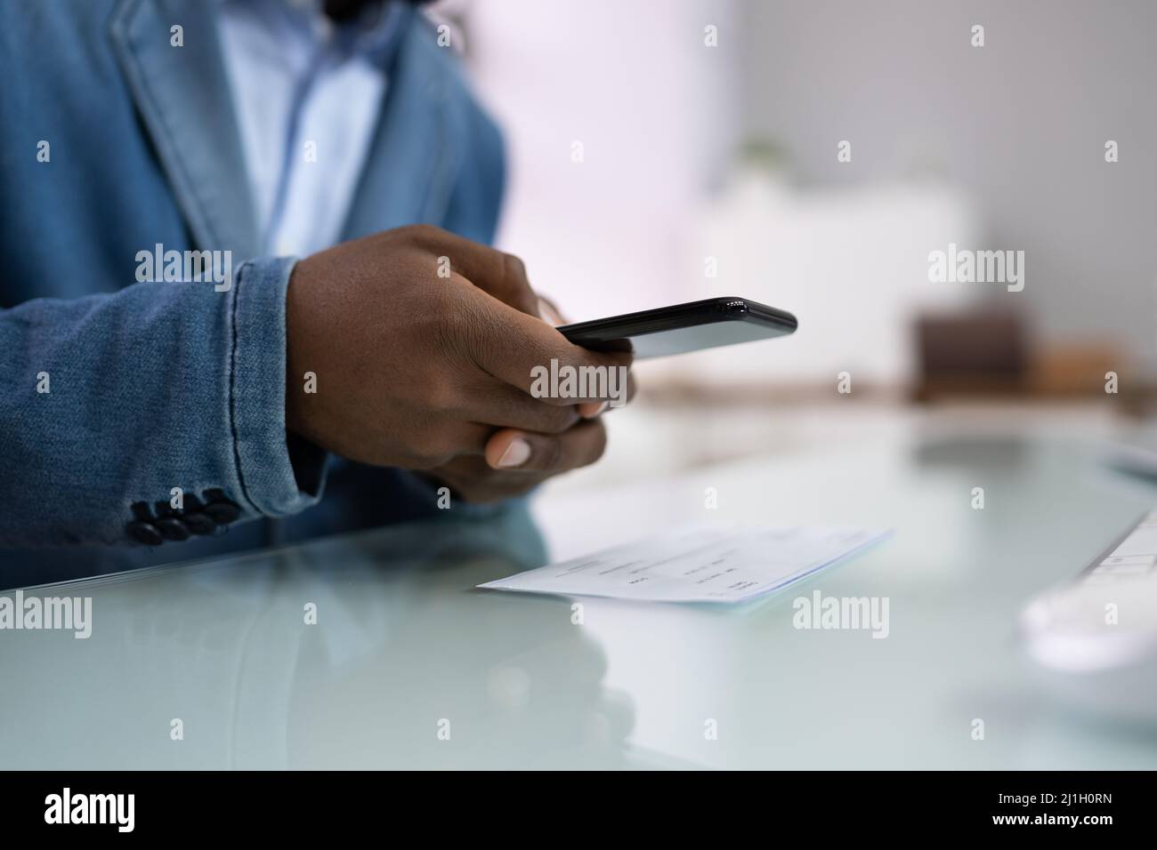 Remote Payroll Cheque Deposit Taking Picture Using Phone Stock Photo ...