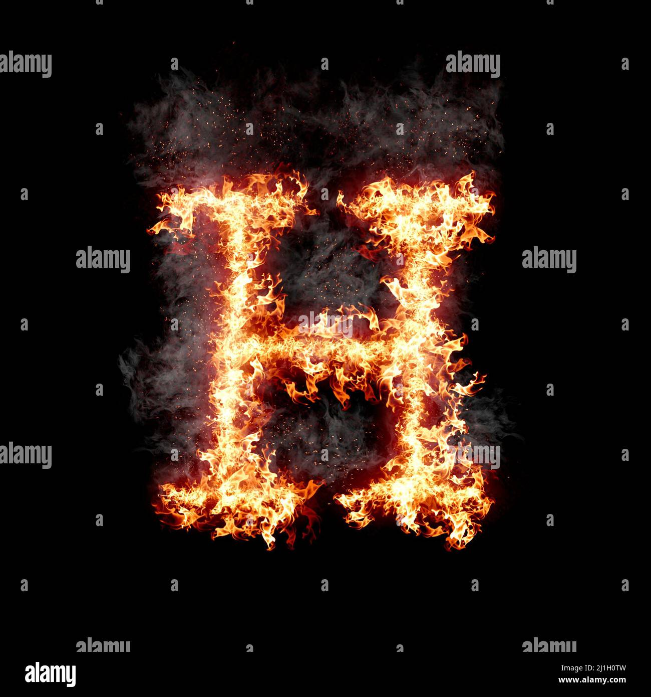 Letter H burning in fire with smoke, digital art isolated on black ...