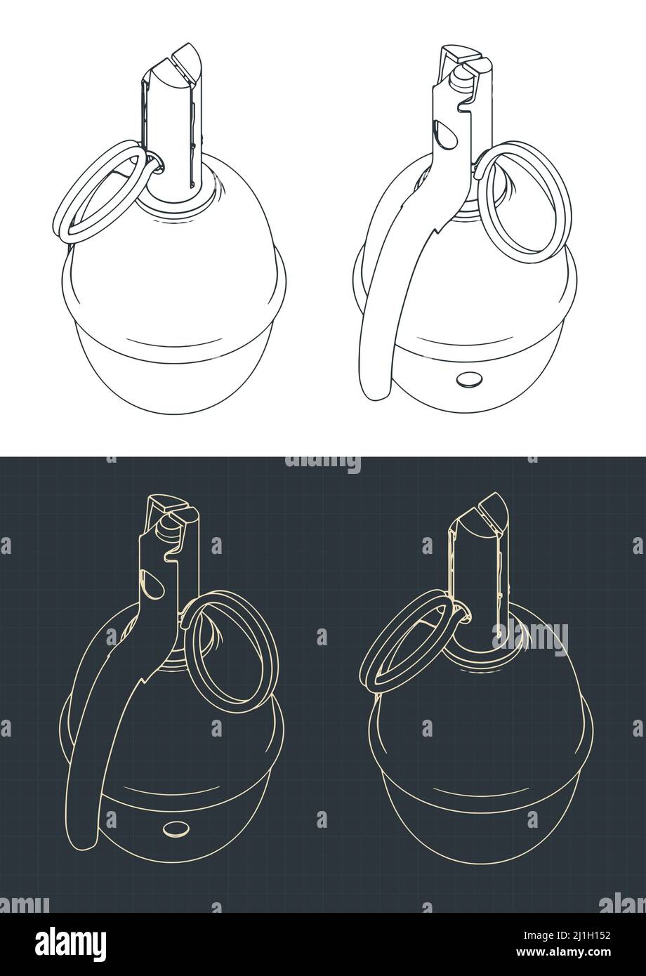 Stylized vector illustration of isometric blueprints of hand grenade ...