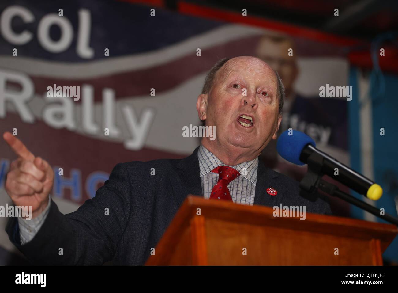 Jim Allister MLA speaks during a anti Northern Ireland Protocol rally ...