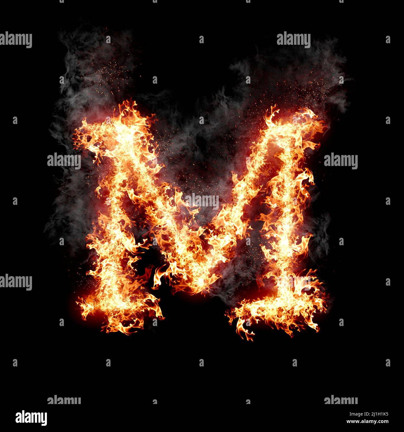 Letter M burning in fire with smoke, digital art isolated on black ...