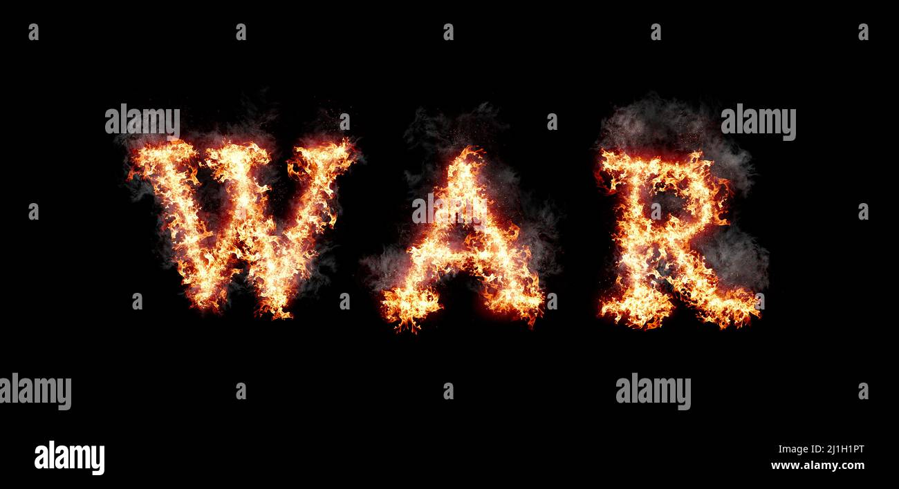 Word war burning with fire and smoke, digital art isolated on black ...
