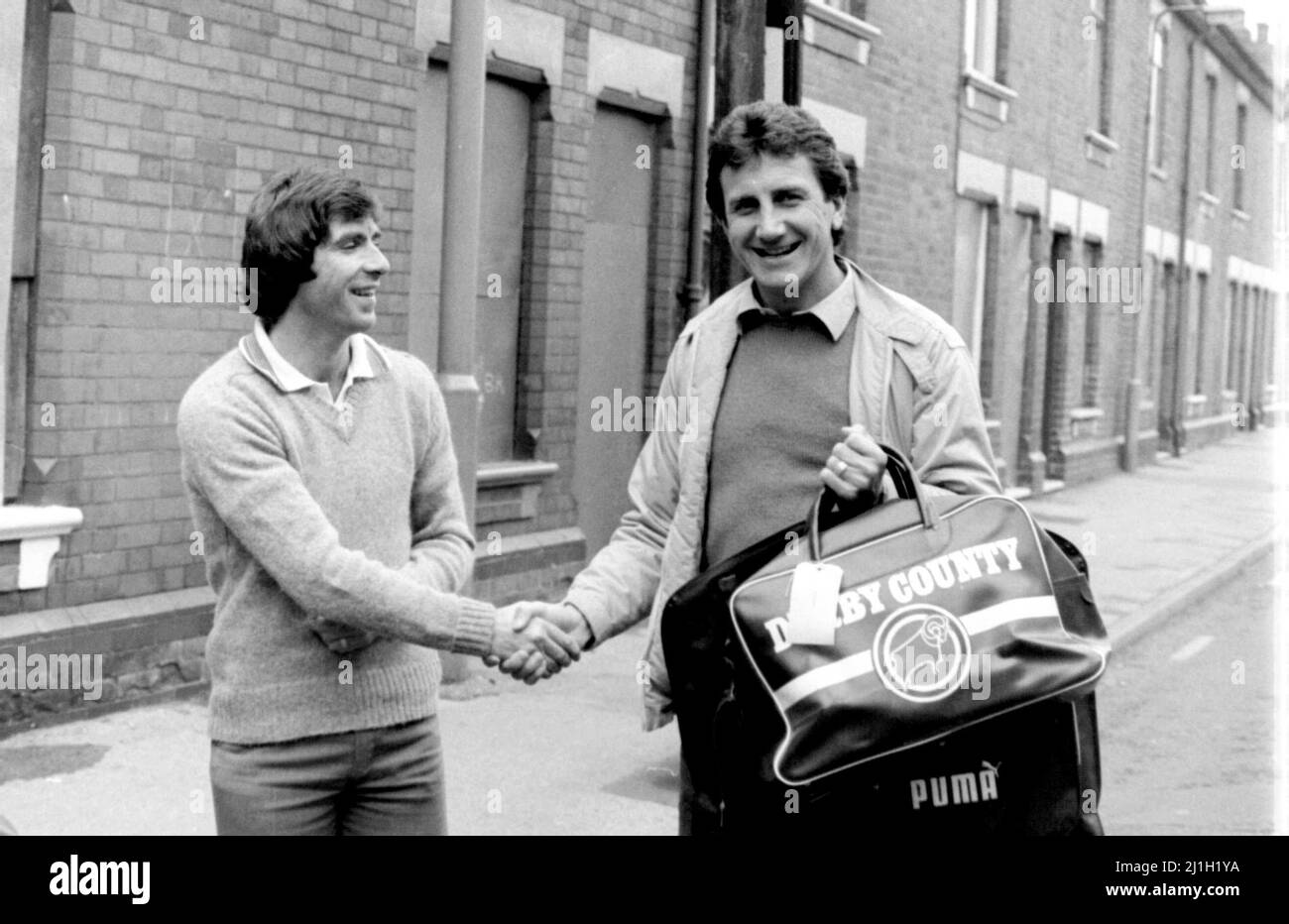 Kevin Hector welcomed back by Roy McFarland to Derby County Stock Photo ...
